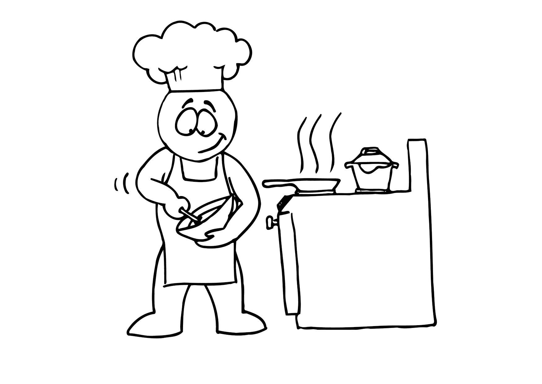 Kleurplaat van koken die een chef-kok toont die in een kom roert naast een