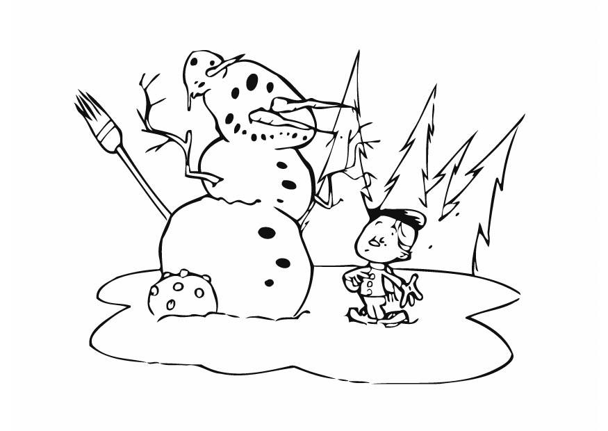 Kleurplaat van sneeuwpop met een grote hoed en een bezem in zijn hand