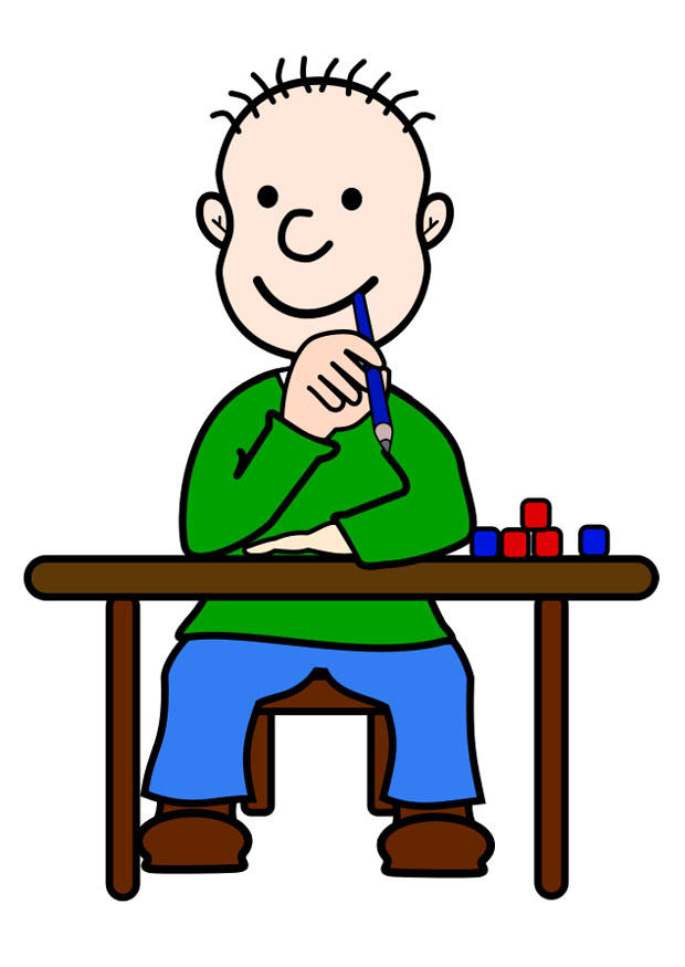 Clipart av elev som sitter ved et bord med en blyant i hånden og fargerike