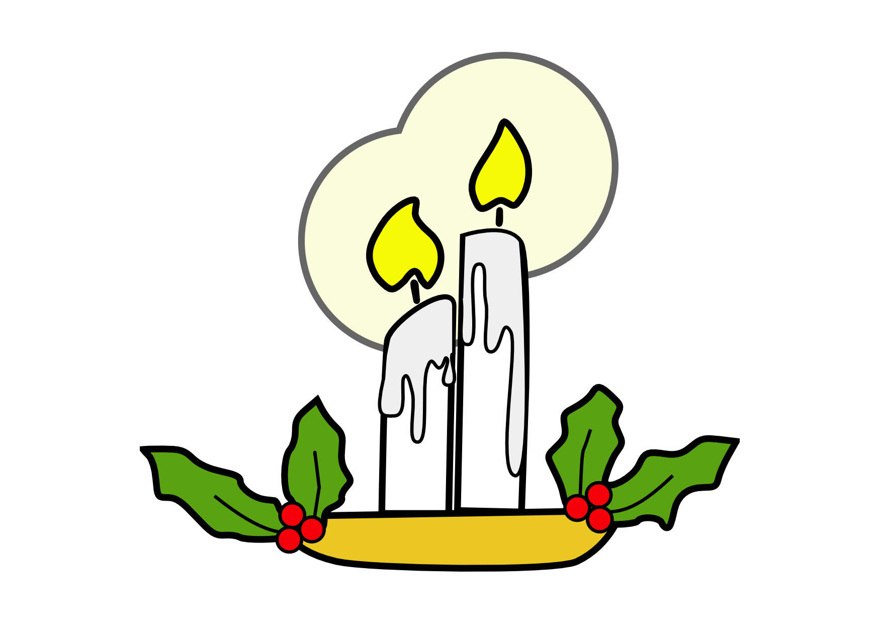 Clipartafbeelding van kerstkaarsen die op een schotel staan met groene