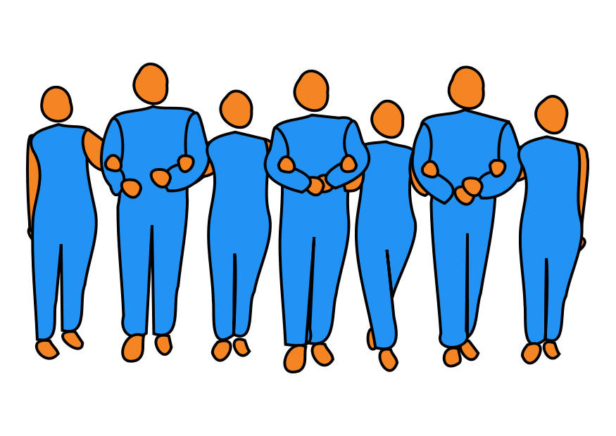Clipart av teamwork som viser syv personer i blå overalls som står ...